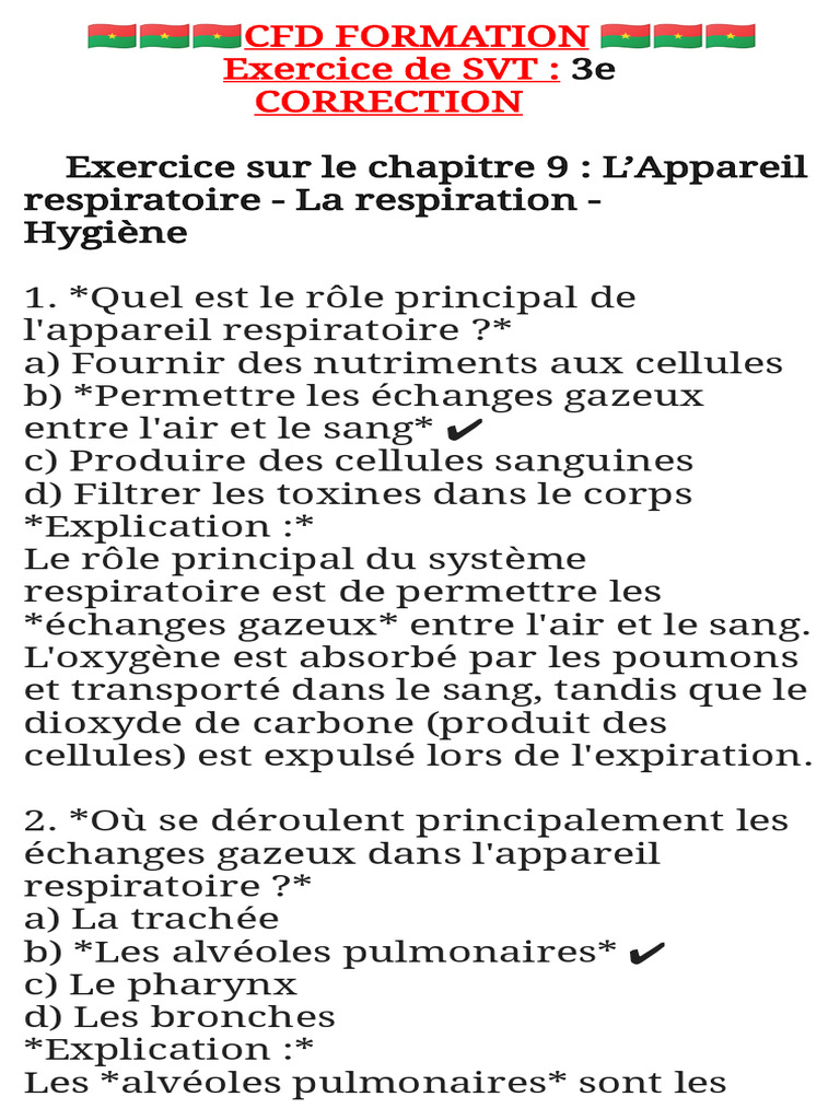Exercice de SVT 3e (L'Appareil Respiratoire - La Respiration - Hygiène ...