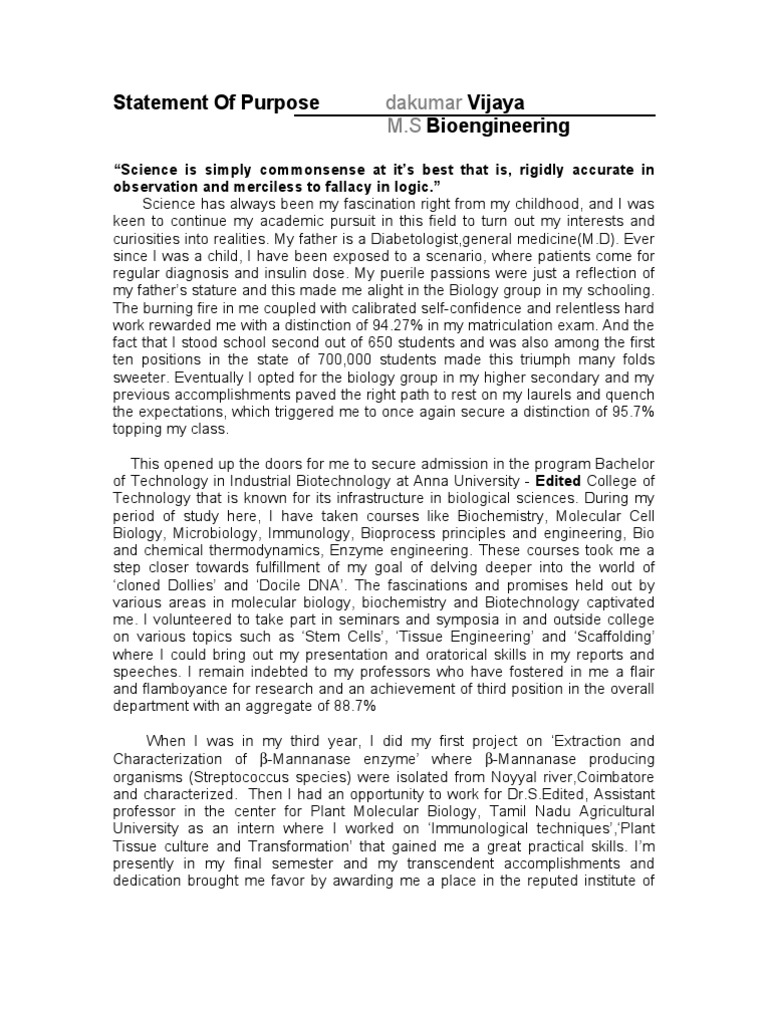 Bioengineering Sample Statement of Purpose Sop | Biotechnology ...
