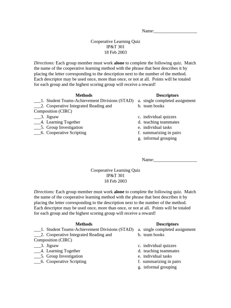 Cooperative Learning Quiz | PDF | Educational Assessment And Evaluation ...