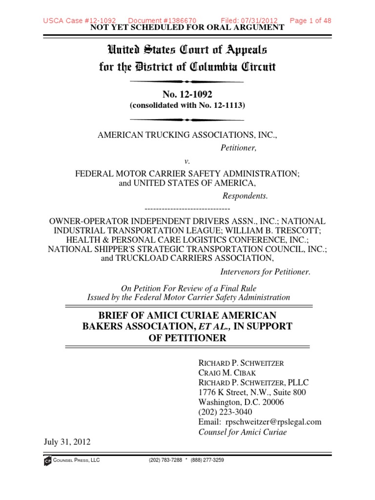 Hours of Service Amicus Brief | PDF | Amicus Curiae | Brief (Law)