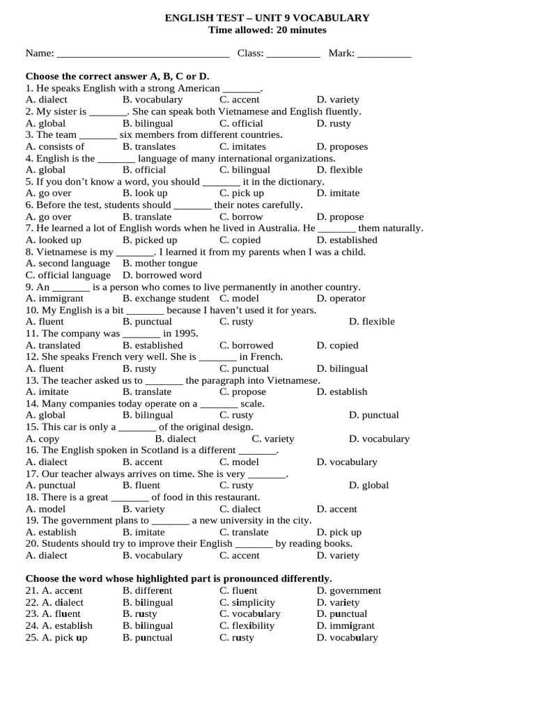 Unit9 Vocabulary Test YenLac | PDF | English Language | Vocabulary