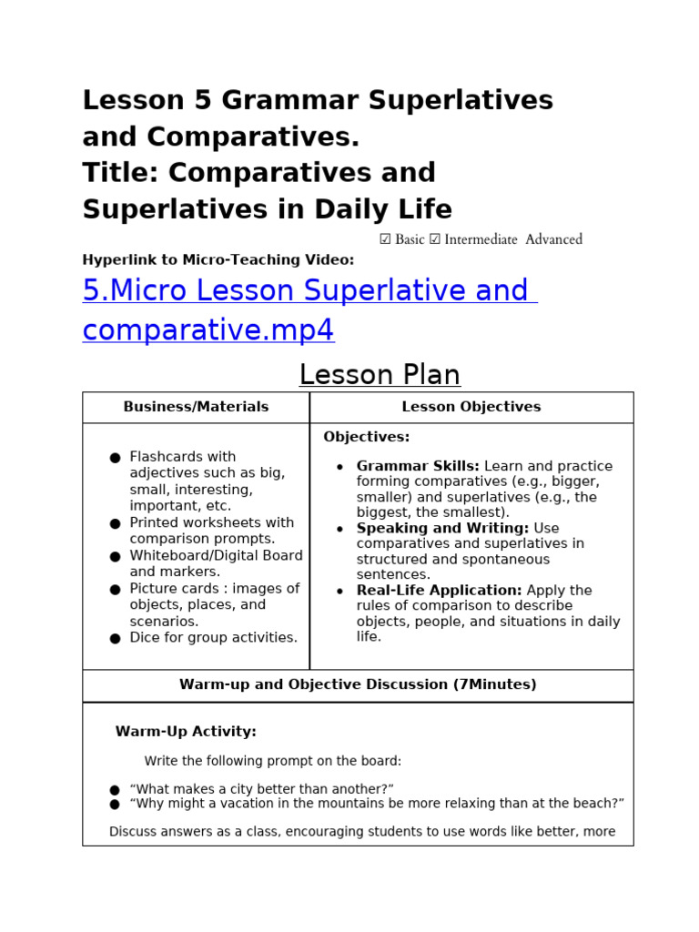 Lesson 5 Grammar Superlatives and Comparatives | PDF