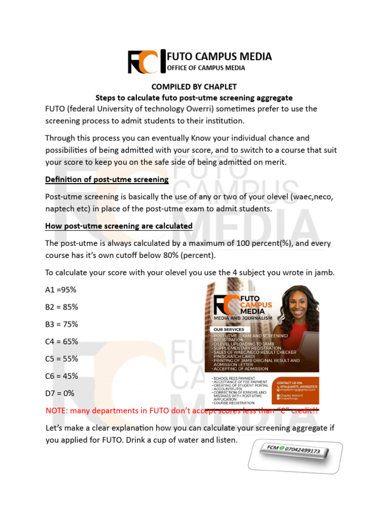 Steps To Calculate FUTO Post-Utme Screening Score 2025-2026 | PDF