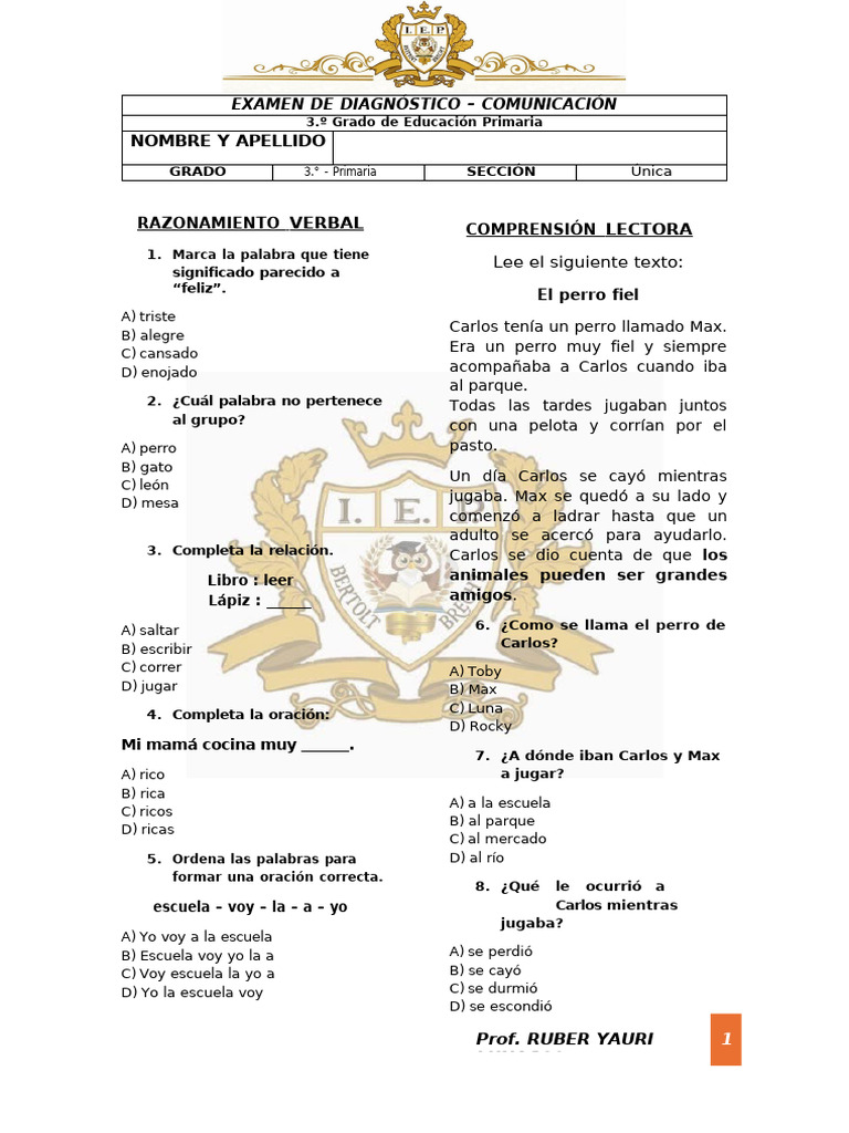 Examen de Diagnóstico - 3ro - Comunicación | PDF | Miel
