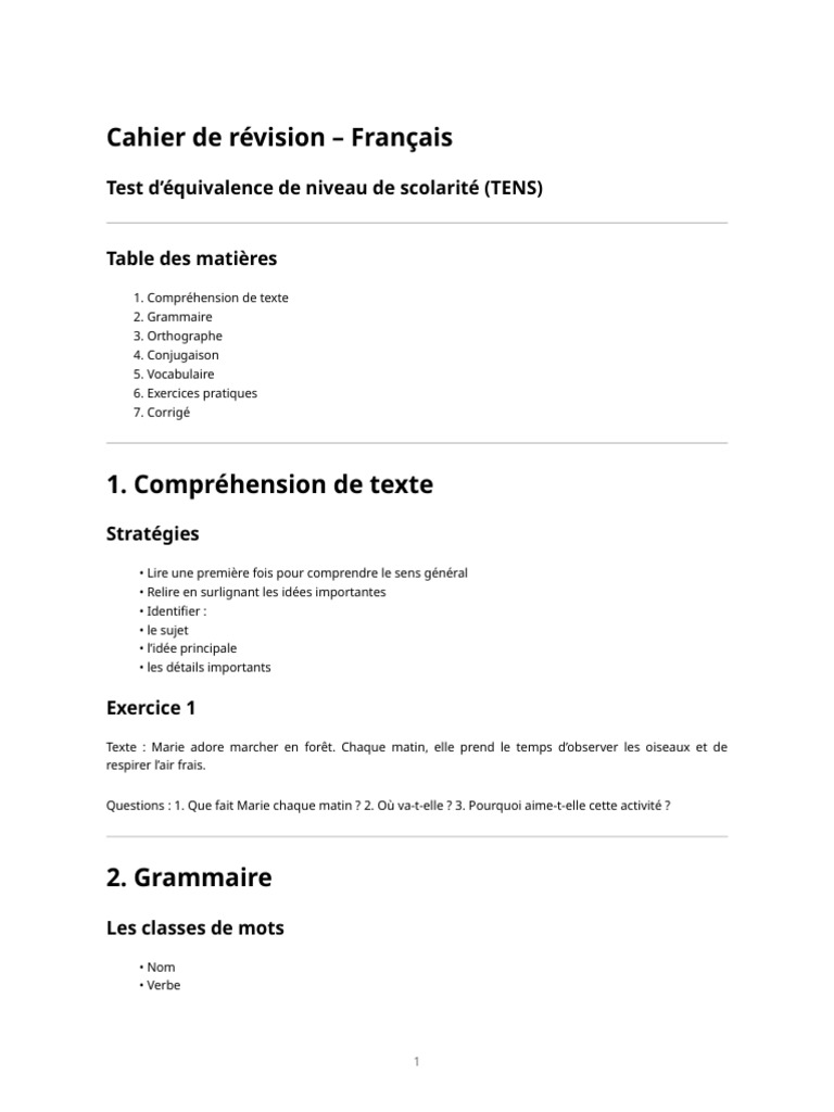 Cahier de Révision Tens - Français | PDF