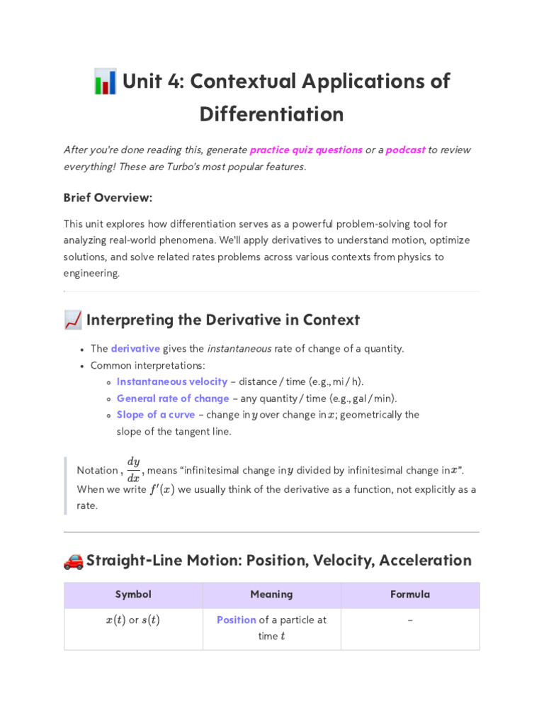 Unit 4 - Contextual Applications of Differentiation | PDF