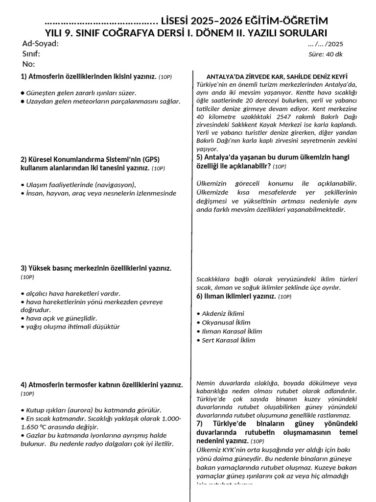 Cografya 9 Sinif 1 Donem 2 Yazili Cevap Anahtari 2025 2026 | PDF