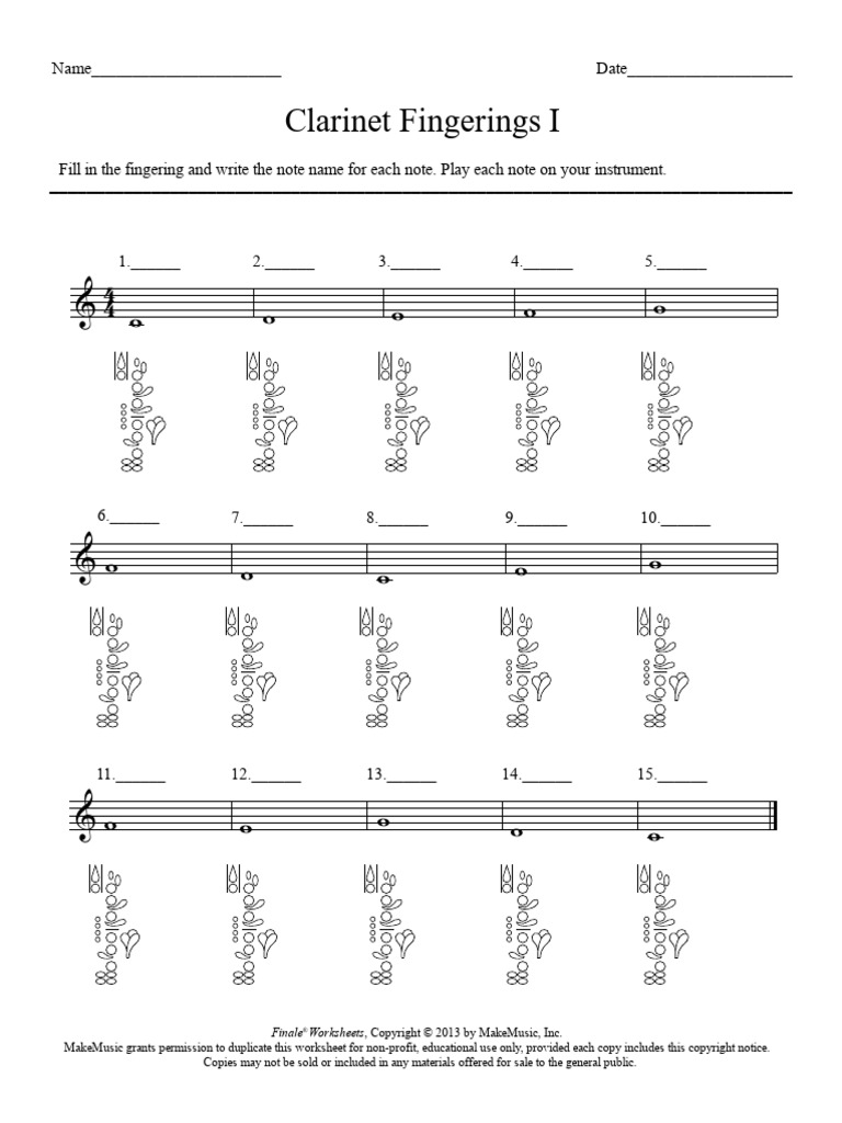 6606 Clarinet Fingering Worksheet 1-2 | PDF