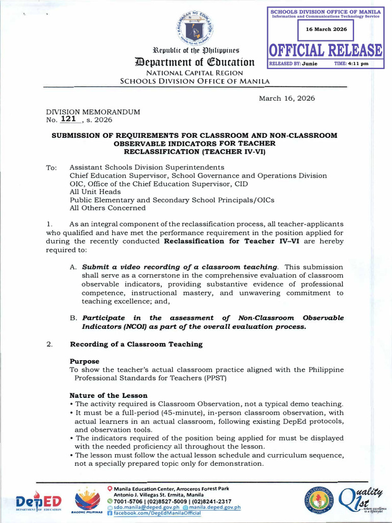 DM No. 121 S. 2026 Submission of Requirements For Classroom and Non ...