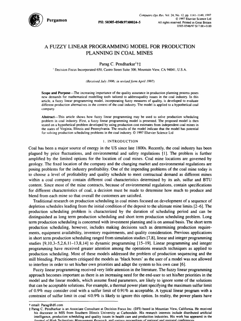A Fuzzy Linear Programming Model For Production Planning In Coal Mines Pdf Linear