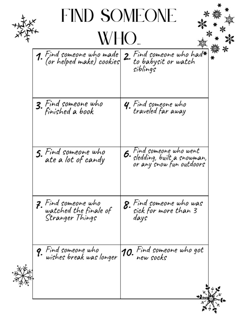 Find Someone Who - Winter Break Worksheet | PDF