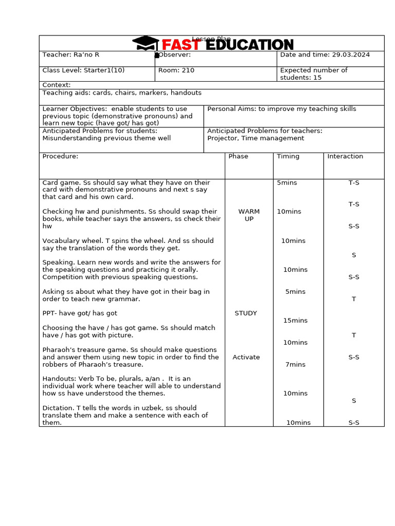 Lesson Plan 8 - Have Got | PDF | Lesson Plan | Grammar