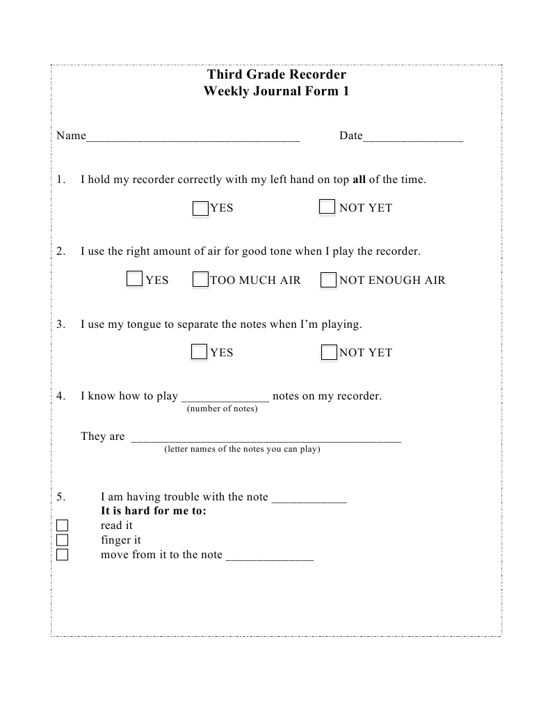 Third Grade Recorder Weekly Journal | PDF