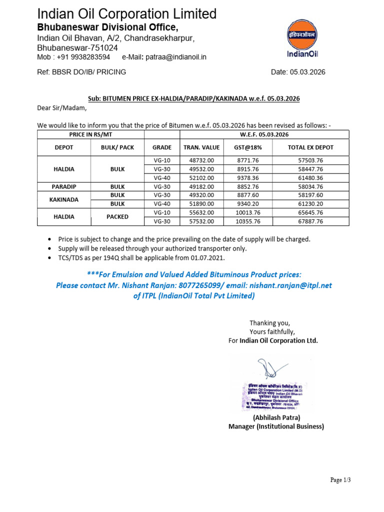 Bitumen Price List W.E.F. 05.03.2026 | PDF | Asphalt | Oils