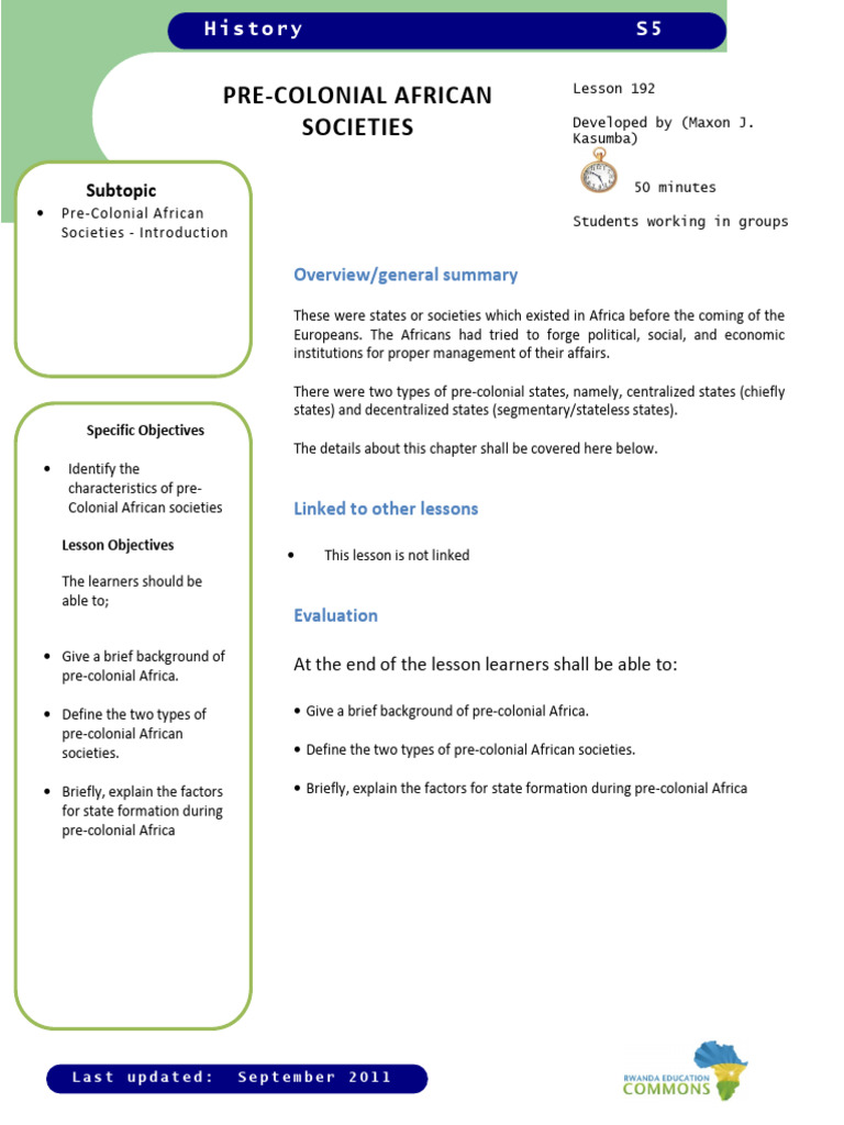 S5 192 HISTORY Pre Colonial African Societies Introduction L192 LT | PDF