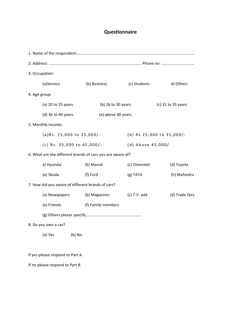 Questionnaire Consumer Behavior of Car | Download Free PDF | Car | Ford ...