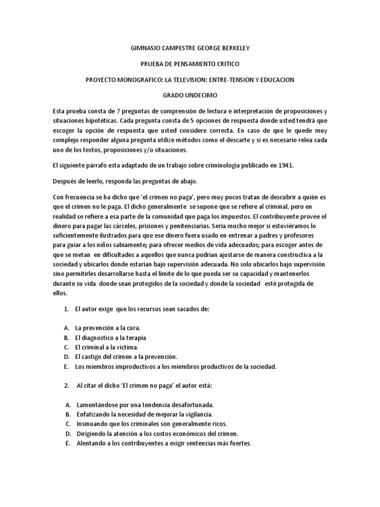 Prueba Pensamiento Critico (Editada) | PDF | Grupo de trabajo | Prisión