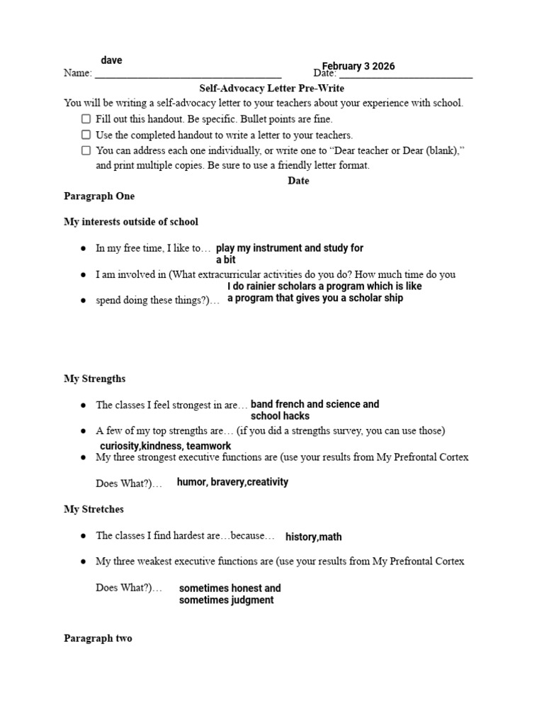 Self-Advocacy+Letter+Prewrite+Handout | PDF | Psychology | Cognition