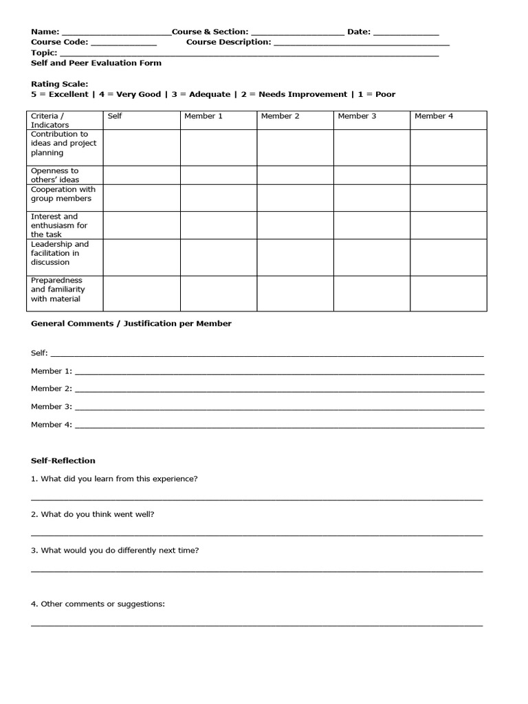 Simplified Self Peer Evaluation Form | PDF