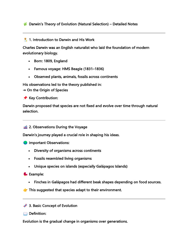 Darwin Theory Short Notes | PDF | Natural Selection | Evolution