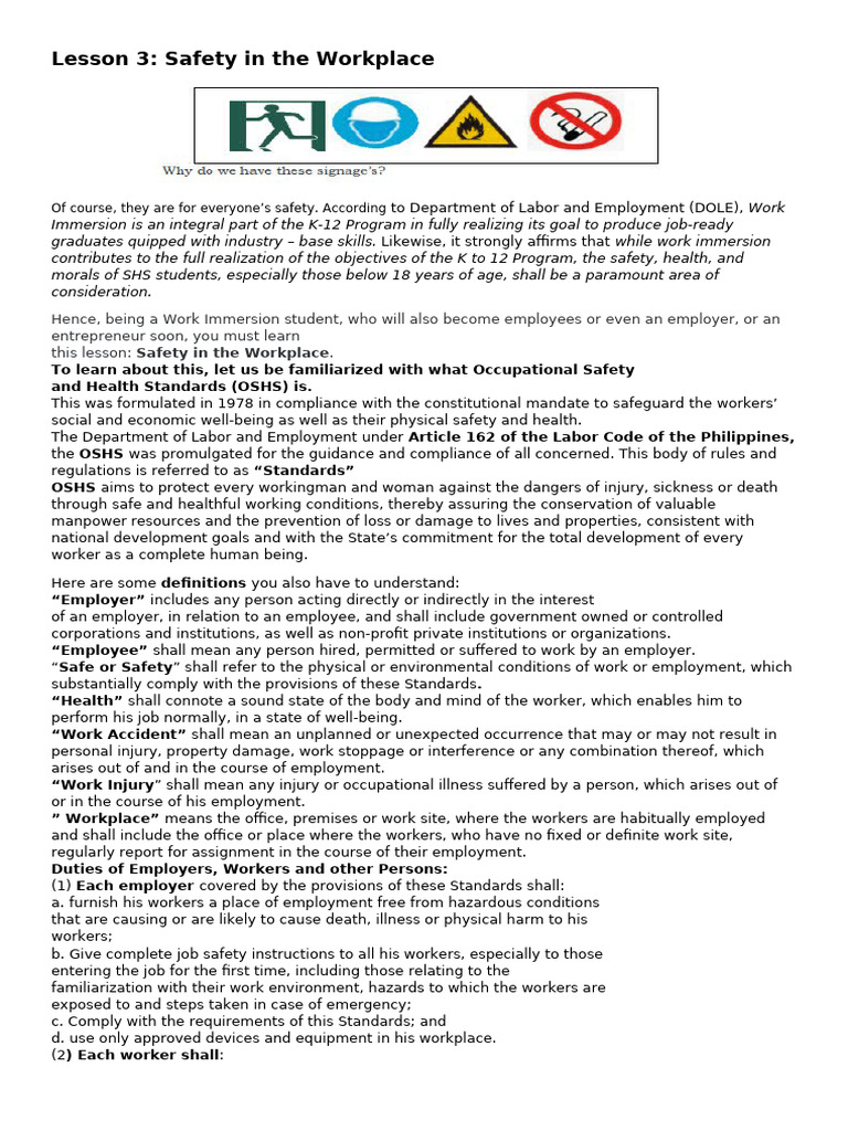 Lesson 3. Safety in The Workplace | PDF | Occupational Safety And ...