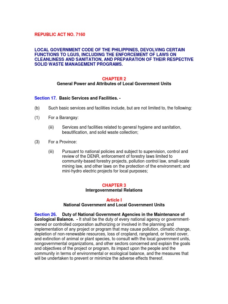 Ra 7160 Local Government Code of 1991 | Environmental Protection ...