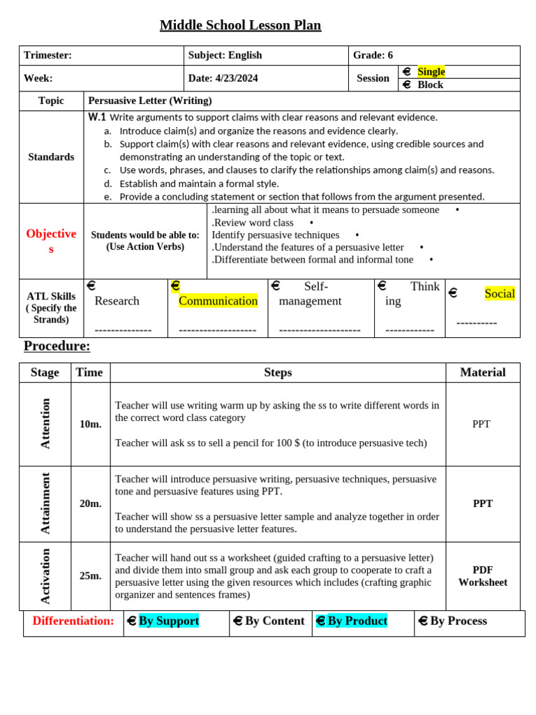 Writing Lesson Plan Persuasive | PDF