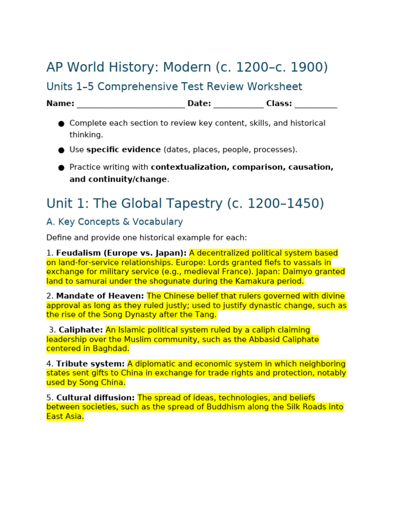 Michael Haws - AP World History Modern Units 1-5 Test Review Worksheet ...