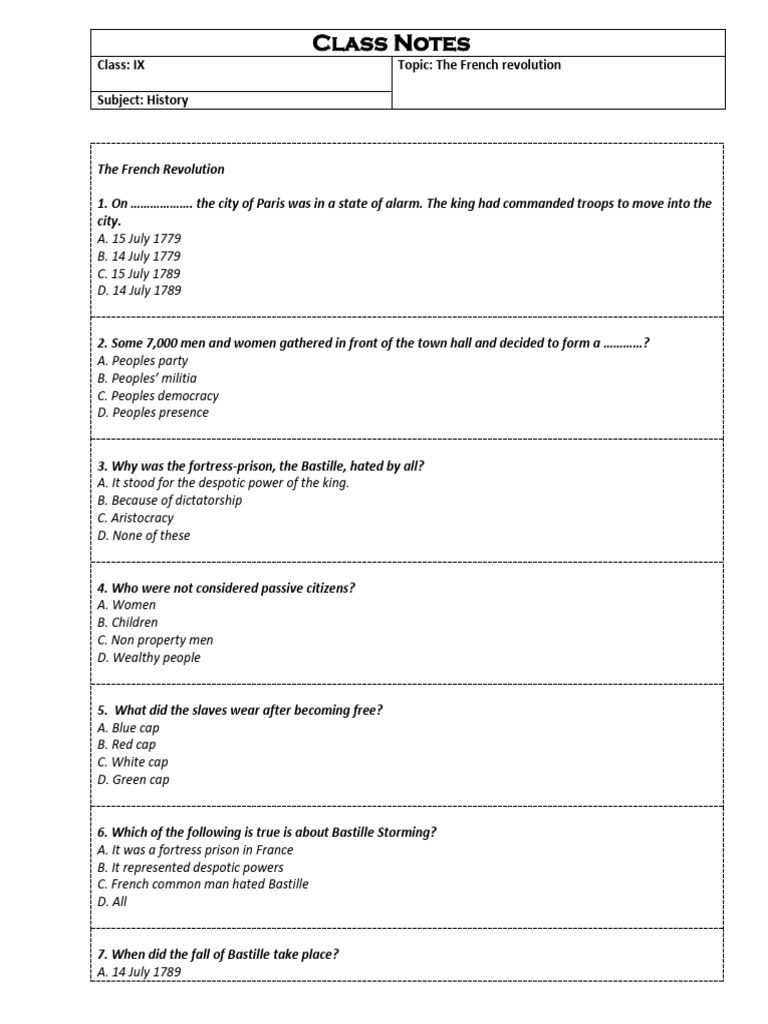 Class Test-I - French Revolution | PDF