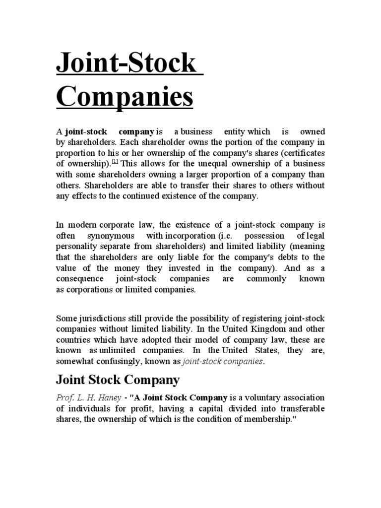 Joint Stock Companies | PDF | Joint Stock Company | Limited Company