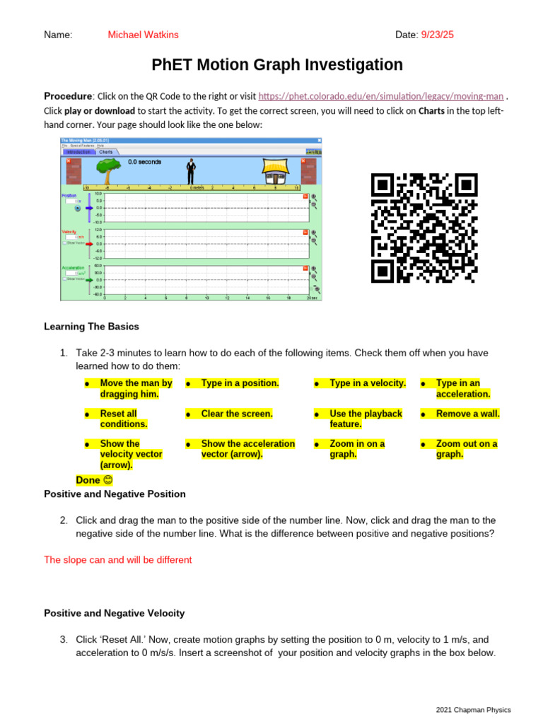 PhEt Moving Man Motion Graph Lab | PDF