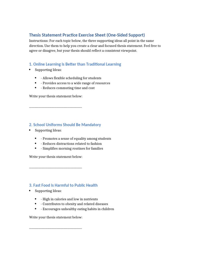 Thesis Statement Exercise Sheet One Sided | PDF