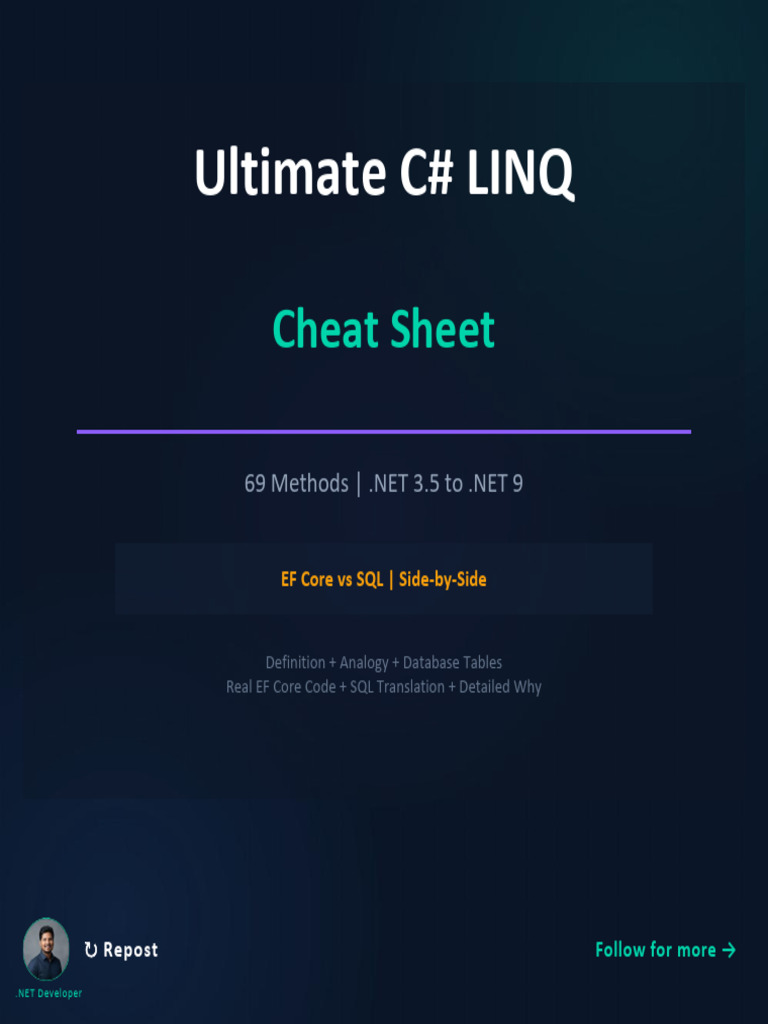 Ultimate C# LINQ Cheat Sheet - 69 Methods - EF Core Vs SQL | PDF