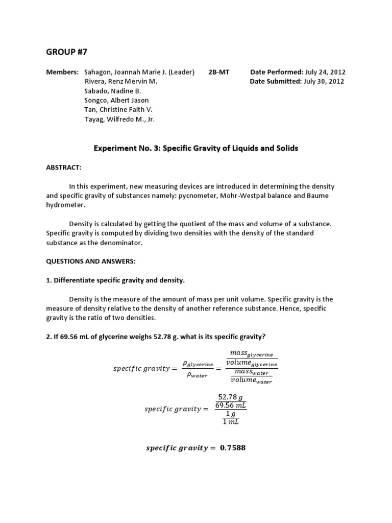 Specific Gravity and Density Experiment | PDF | Science & Mathematics