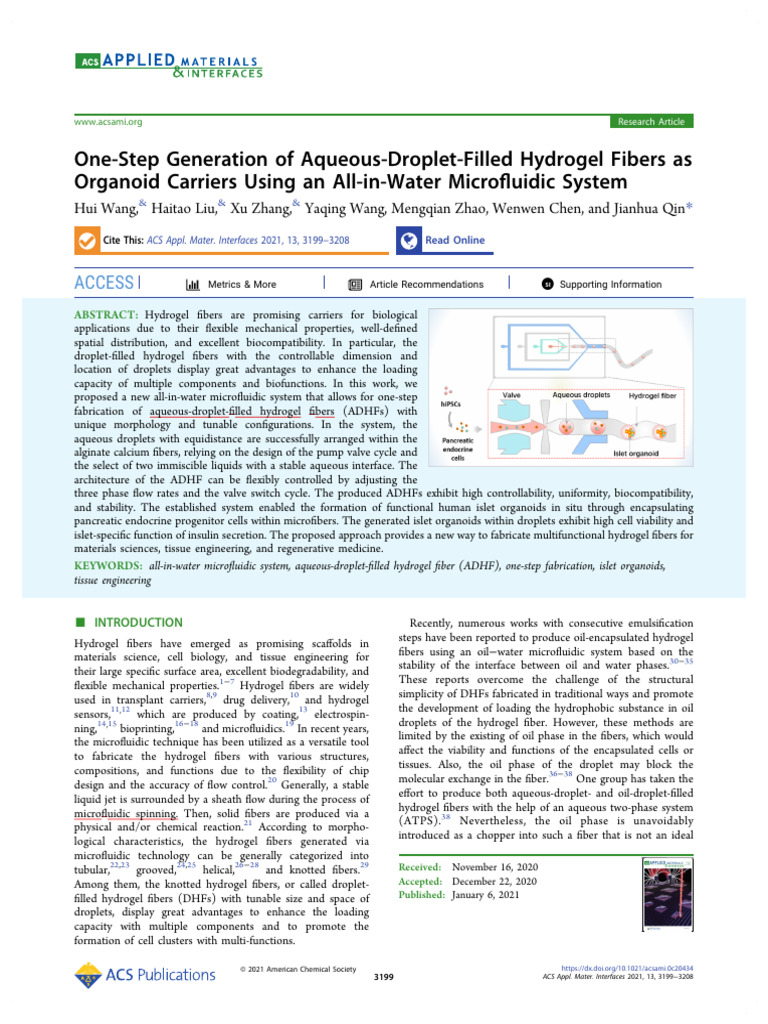 One-Step Generation of Aqueous-Droplet-Filled Hydrogel Fibers As ...