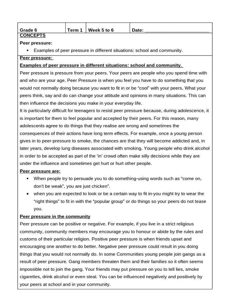 Grade 6 Peer Pressure Worksheet | PDF