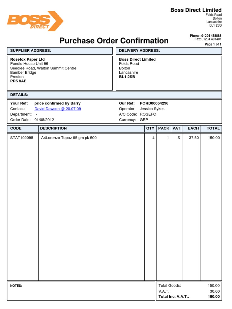 Purchase Order Confirmation Document | PDF