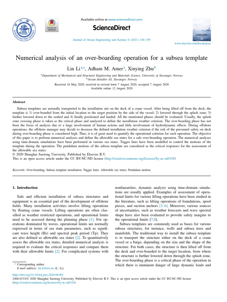 Numerical Analysis of An Overboarding Operation For A Subsea Template ...