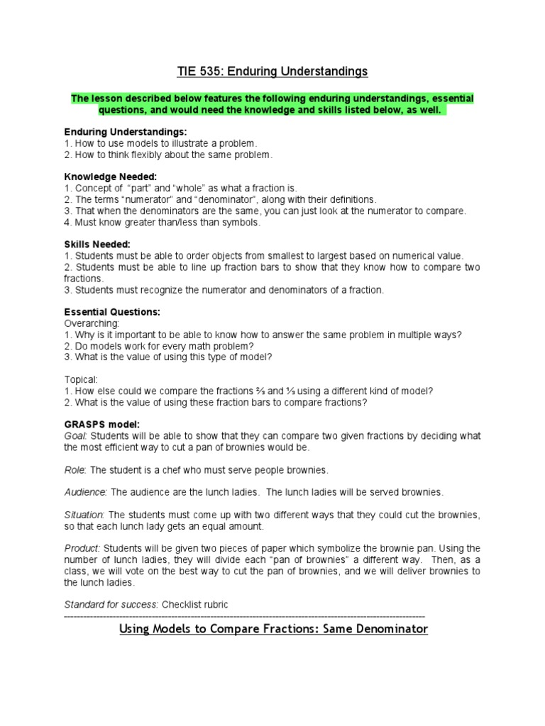 UbD Lesson Plan | PDF | Fraction (Mathematics) | Behavior Modification