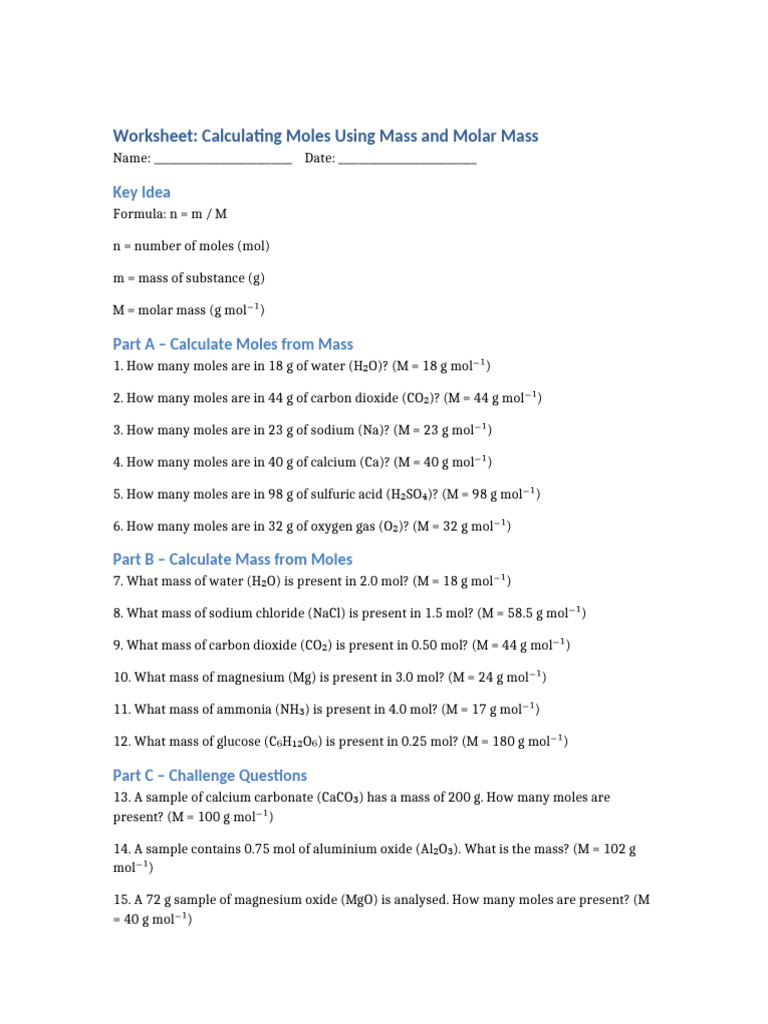 Mass Molar Mass Moles Worksheet | PDF