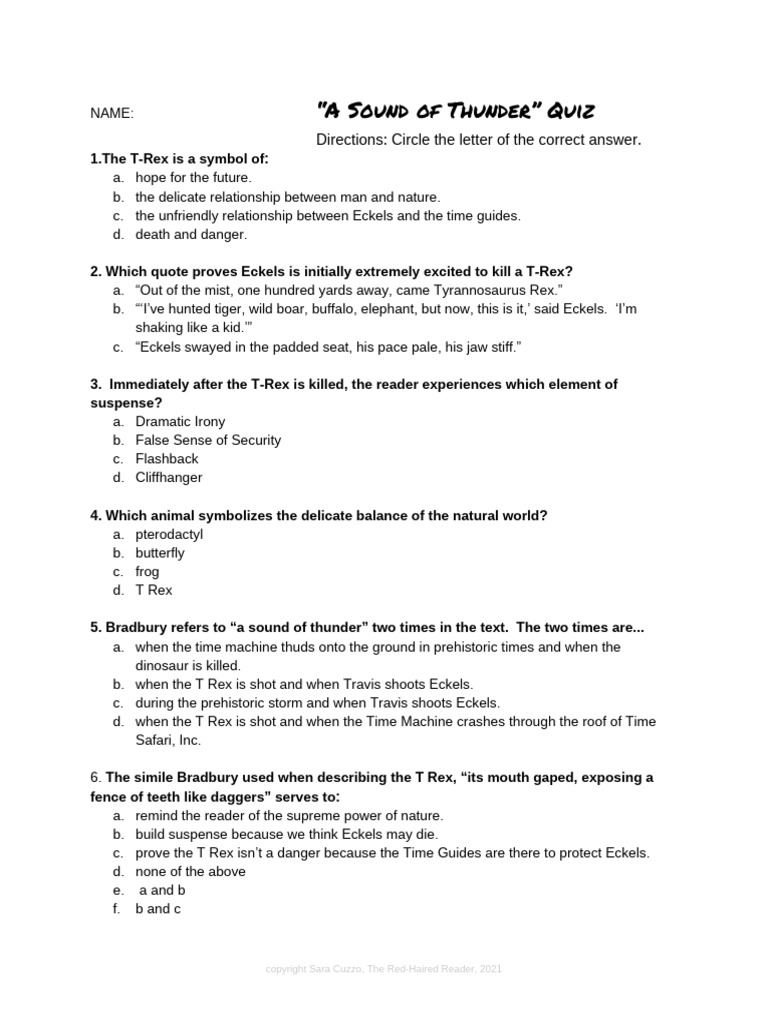 Ray Bradbury - S A Sound of Thunder Quiz | PDF