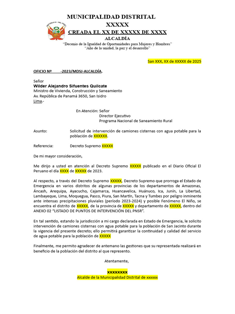 Oficio A PNSR - Modelo - Camión Cisterna - Docx - Documentos de Google ...