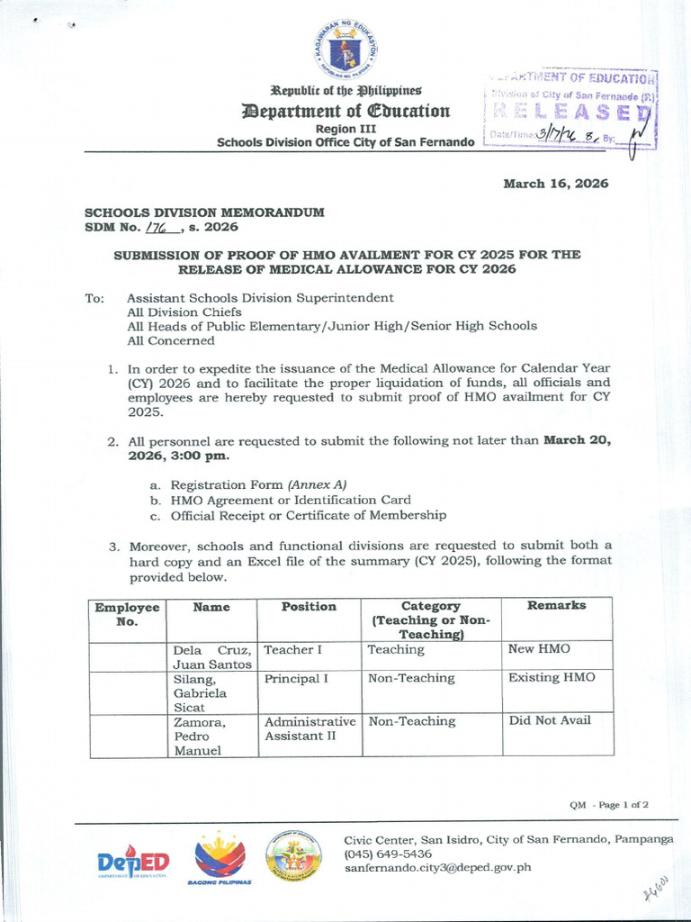 Schools Division Memorandum No. 176 S. 2026 Submission of Proof of HMO ...