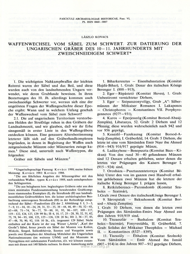 KOVÁCS 1993 Waffenwechsel Vom Sabel Zum Schwert. | PDF