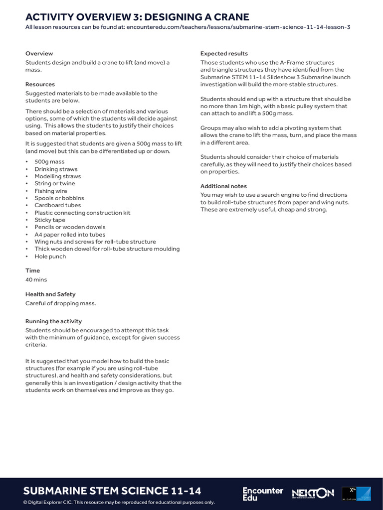 Submarine STEM Sci 11 14 L3 Activity Overview 3 Designing A Crane | PDF