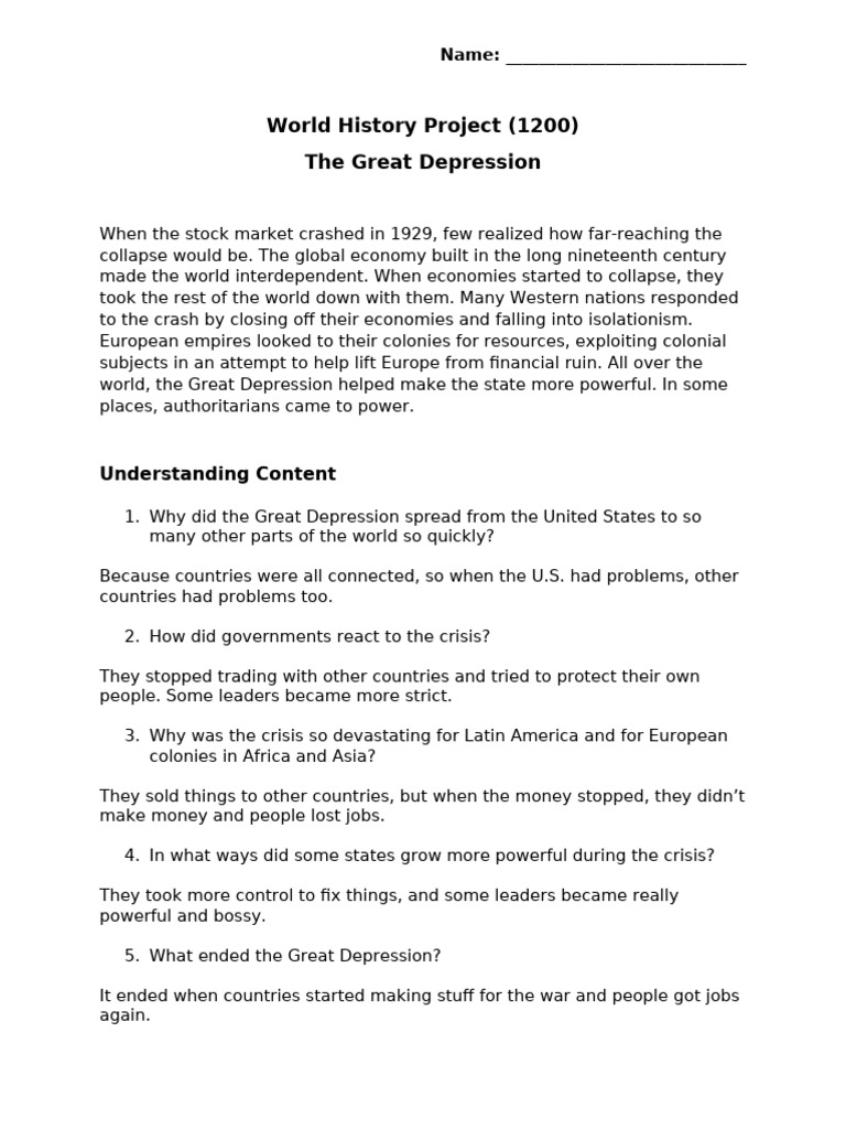 The Great Depression Worksheet | PDF | Great Depression | Great Recession