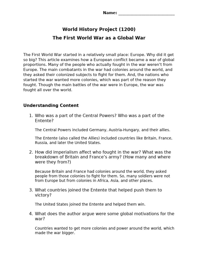 The First World War As A Global War Worksheet | PDF | Allies Of World ...
