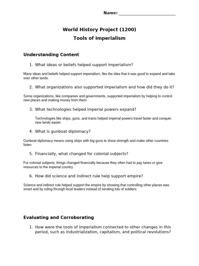 Tools of Imperialism Worksheet | PDF