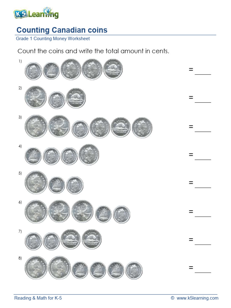 Counting Canadian Coins: Count The Coins and Write The Total Amount in ...