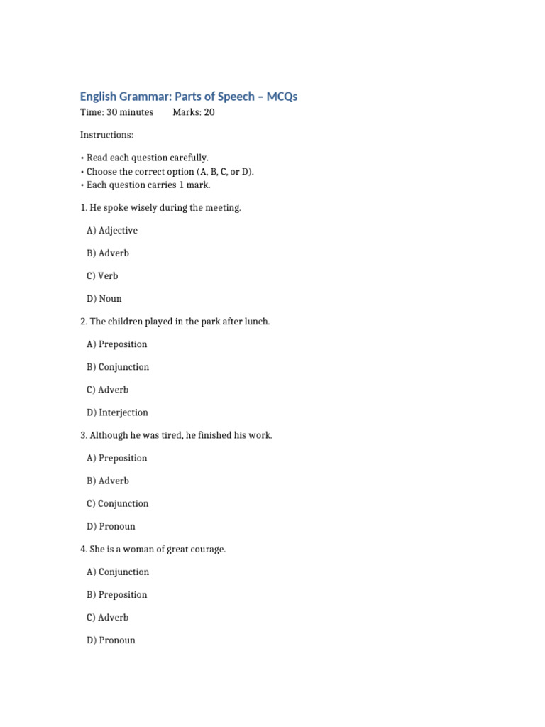 Parts of Speech MCQs | PDF